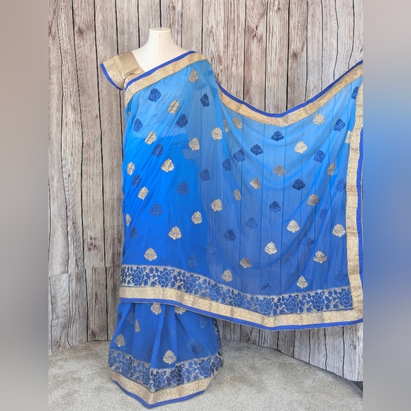 Sarees | Saree Sari Elegant Ombre Blue Gold Sare W Inner Skirt And ...